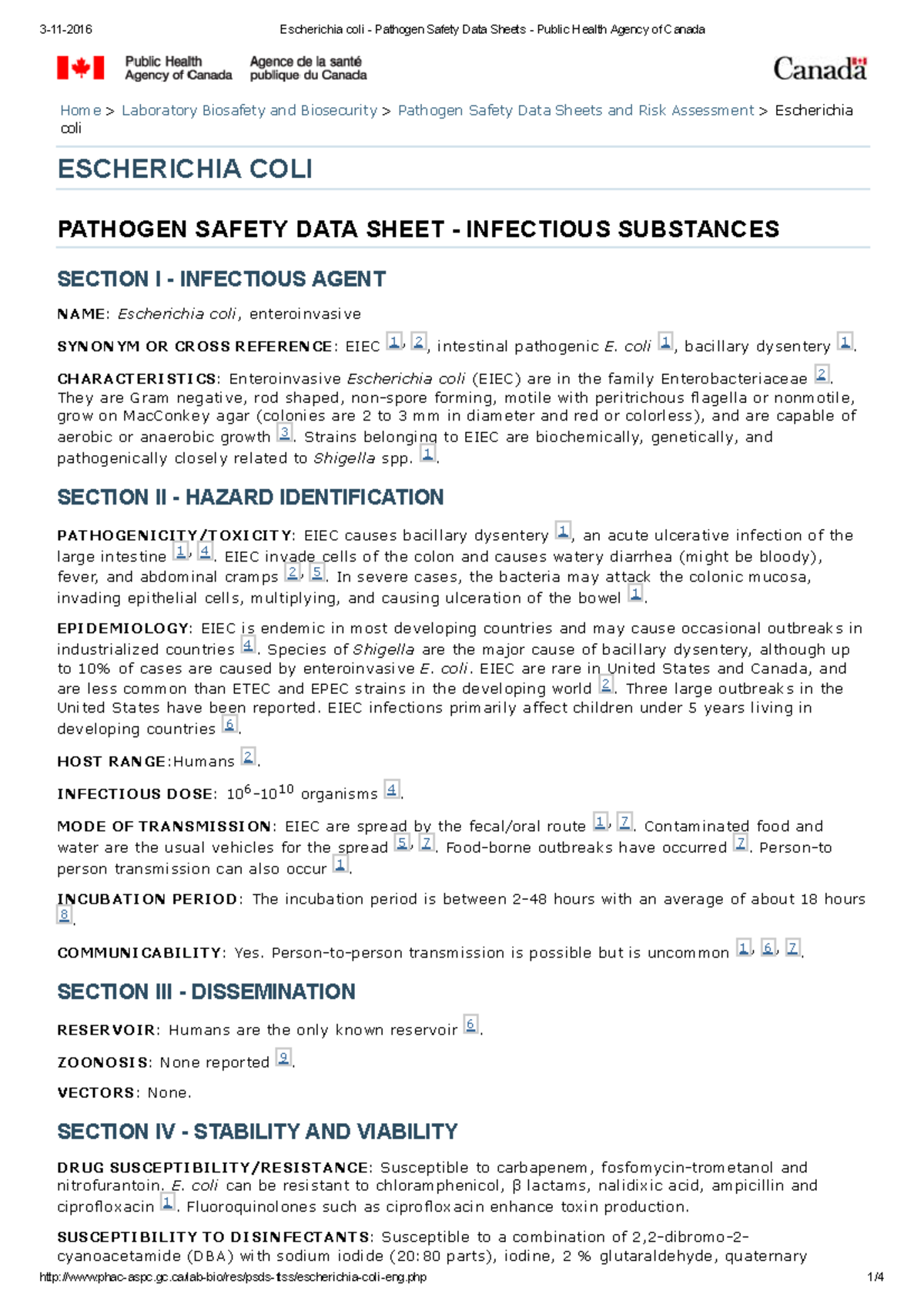 Escherichia coli Pathogen Safety Data Sheet (PSDS) - Public Health ...
