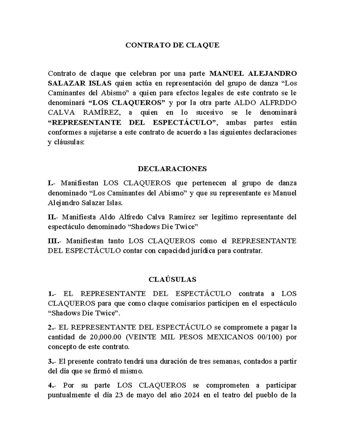 Contrato de Claque entre MANUEL ALEJANDRO y ALDO ALFONSO - 2024 - Studocu