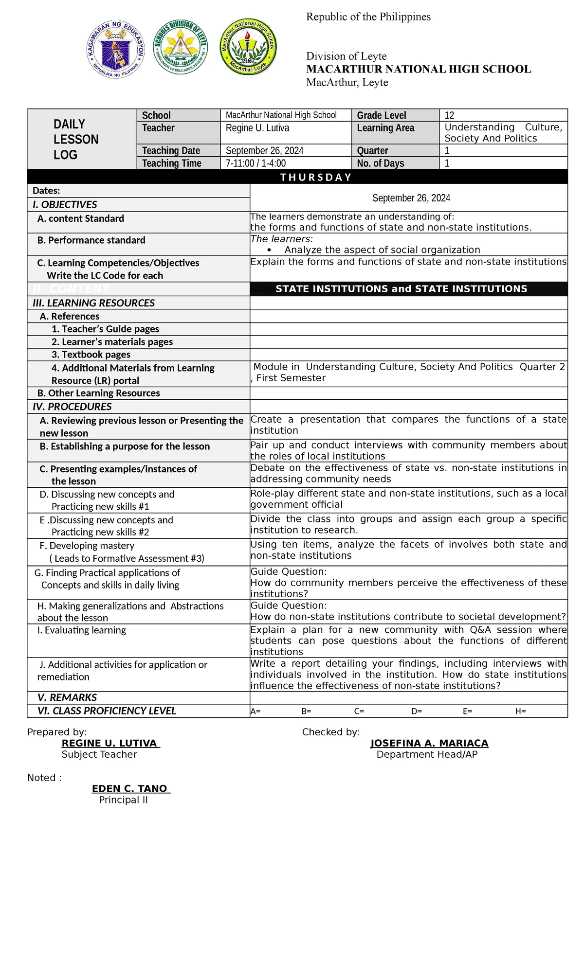 Understanding Culture, Society & Politics Lesson Plan (Grade 12) - Studocu
