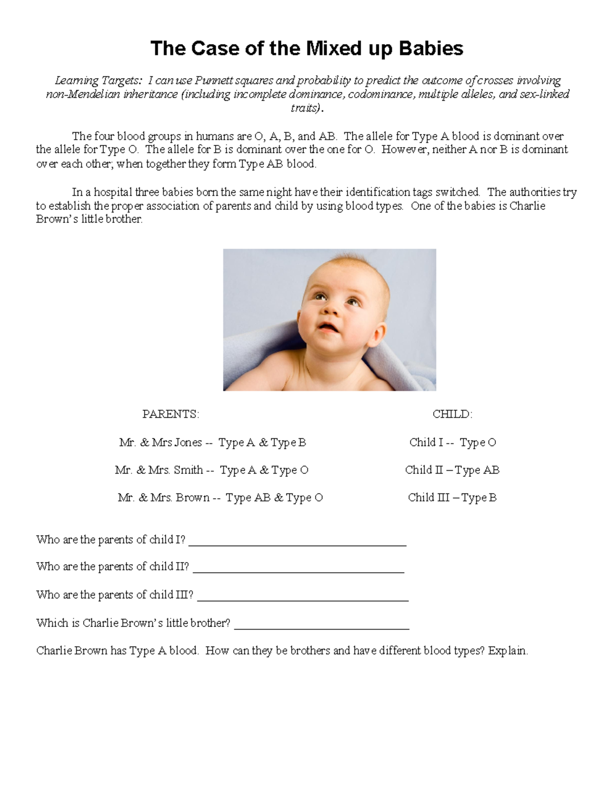 Case Study: The Case of the Mixed Up Babies & Genetics Practice (BIO101 ...