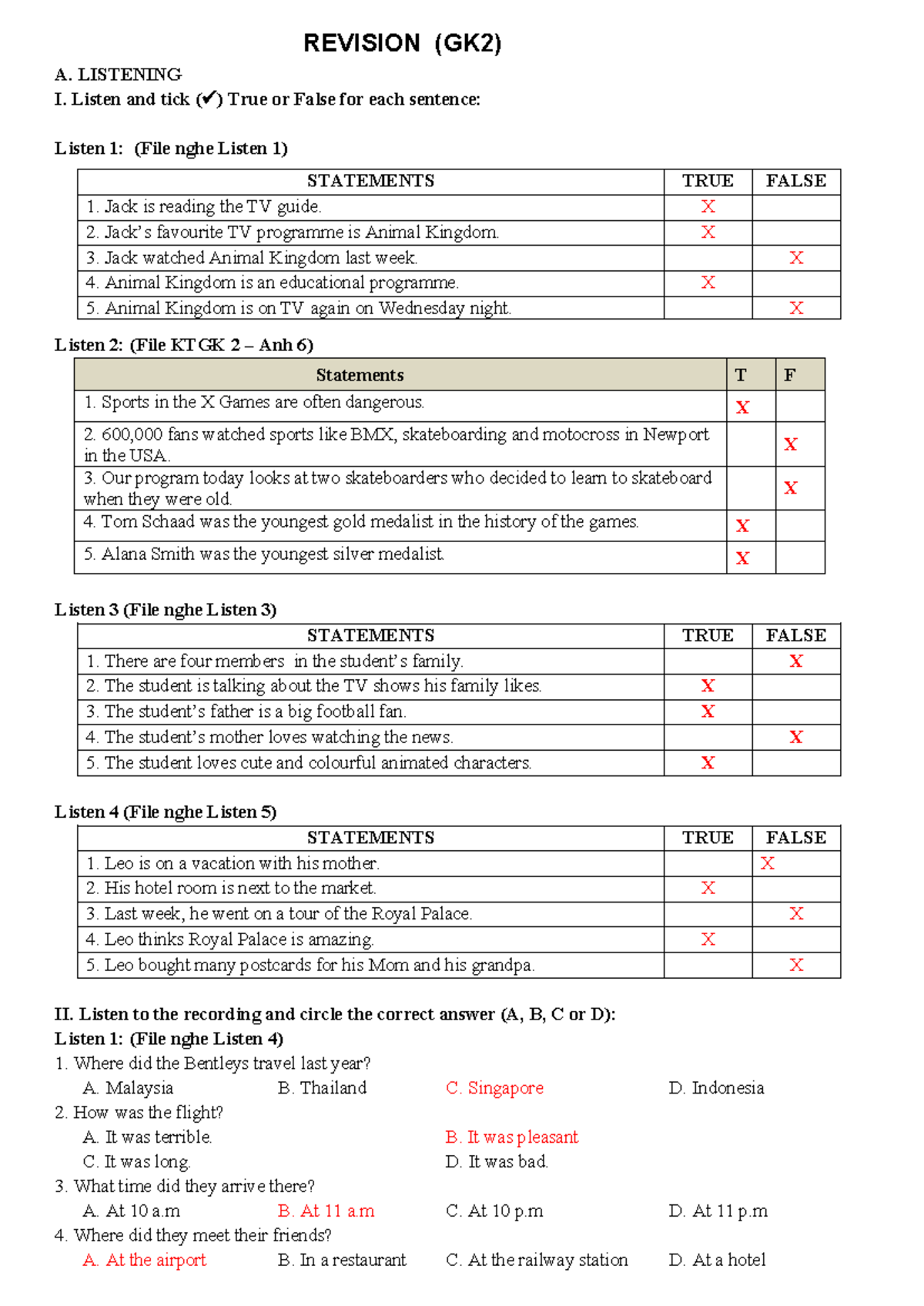 Listening Revision (GK2) - True/False Statements and Exercises - Studocu