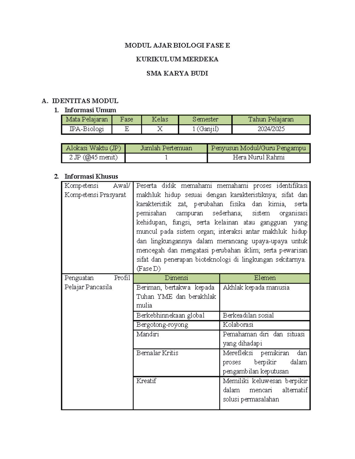 Modul ajar biologi fase E kurikulum merdeka SMA Karya Budi - Studocu