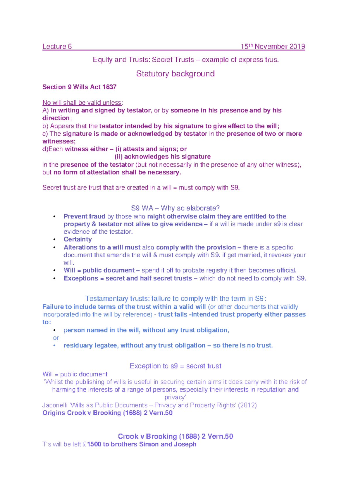Lecture 6 Notes: Understanding Secret Trusts in Equity and Trusts - Studocu