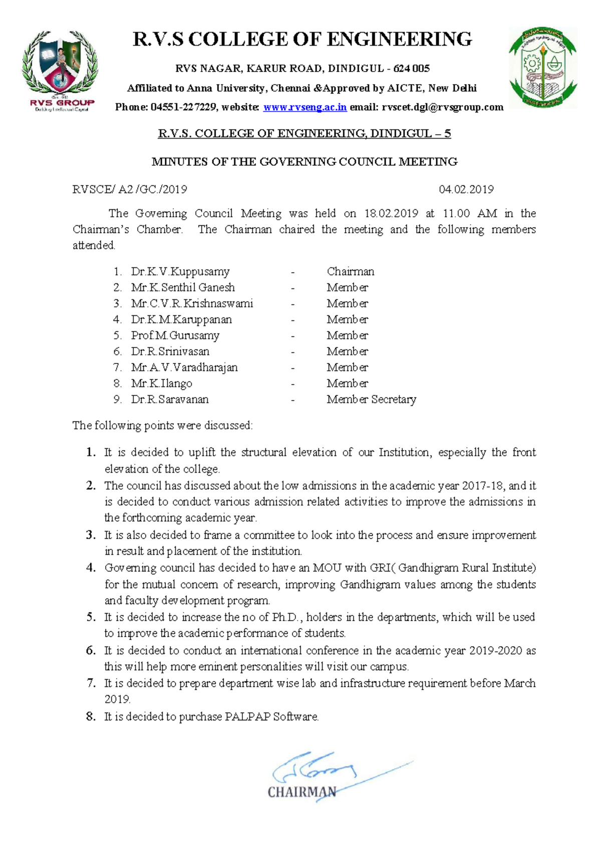 Governing Council Meeting Minutes A2 - RVS College of Engineering - Studocu