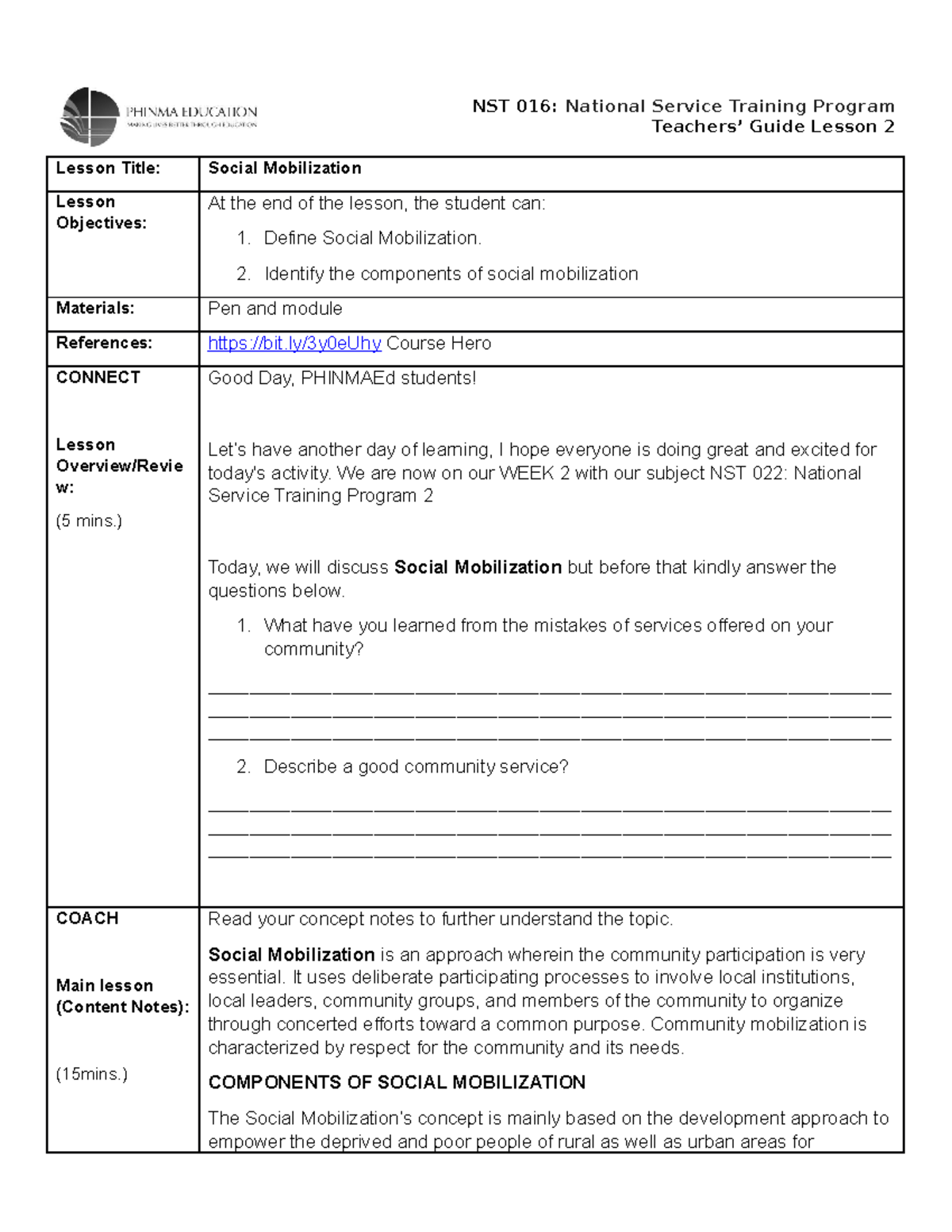 TG 2 Social Mobilization - Teachers’ Guide Lesson 2 Lesson Title ...