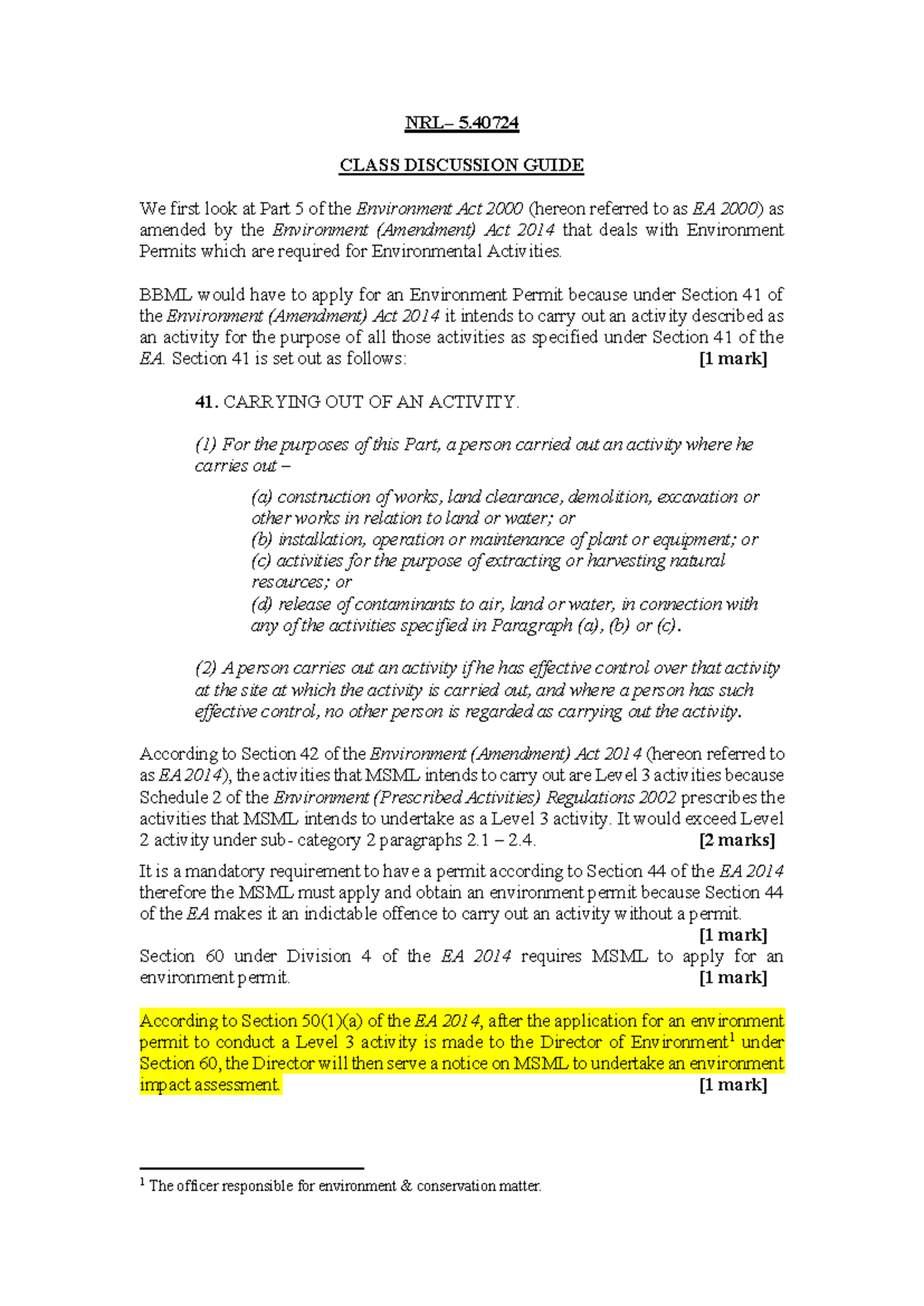 NRL 5.40724 Class Discussion Guide on Environment Permits and EIA - Studocu