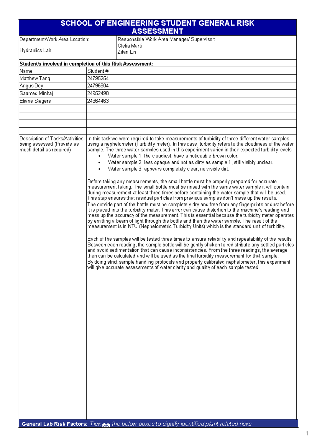 GENG1000 Risk Assessment Report for Hydraulics Lab - L5 2025 - Studocu