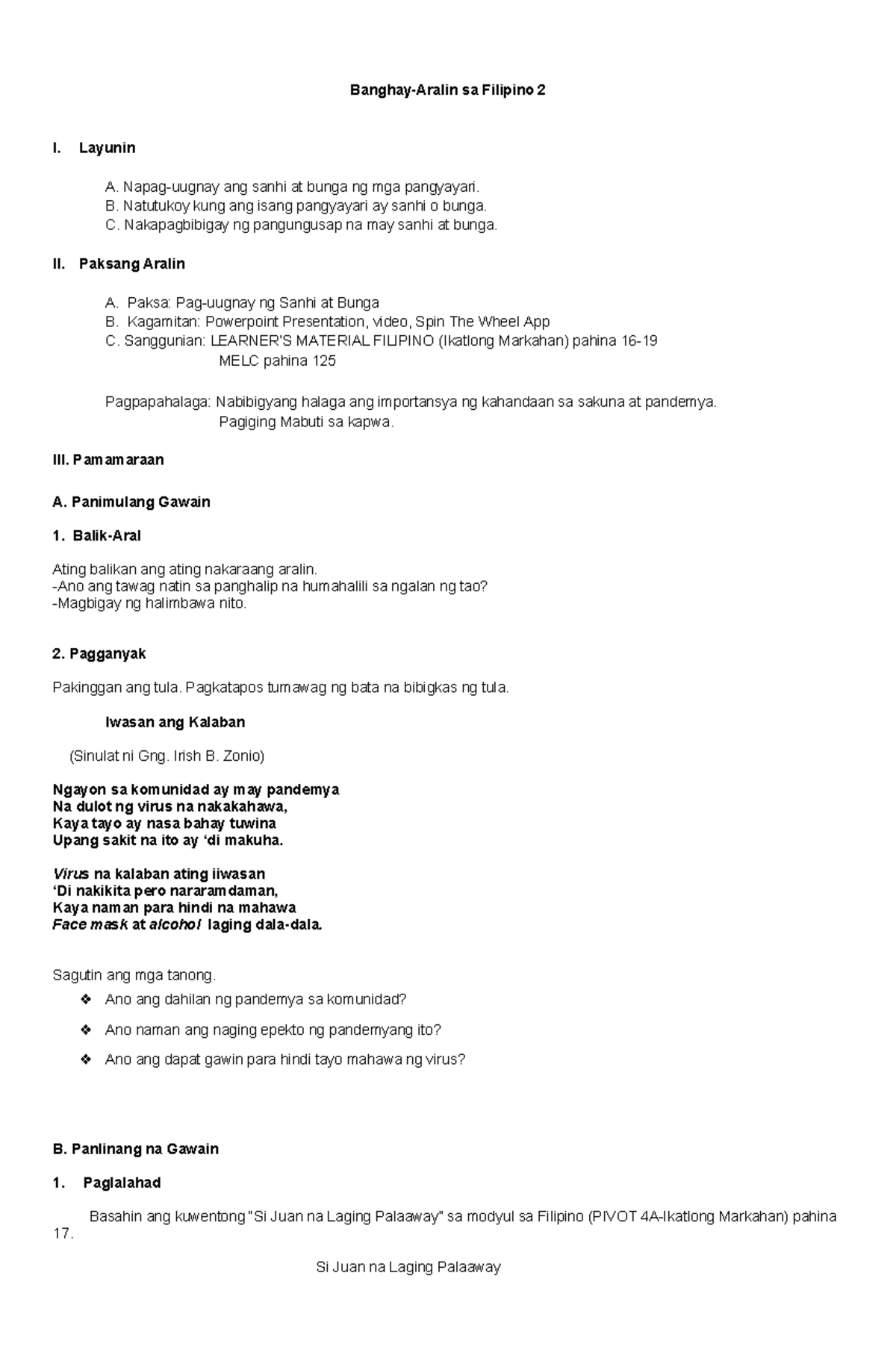 Banghay-Aralin sa Filipino 2: Sanhi at Bunga ng mga Pangyayari - Studocu