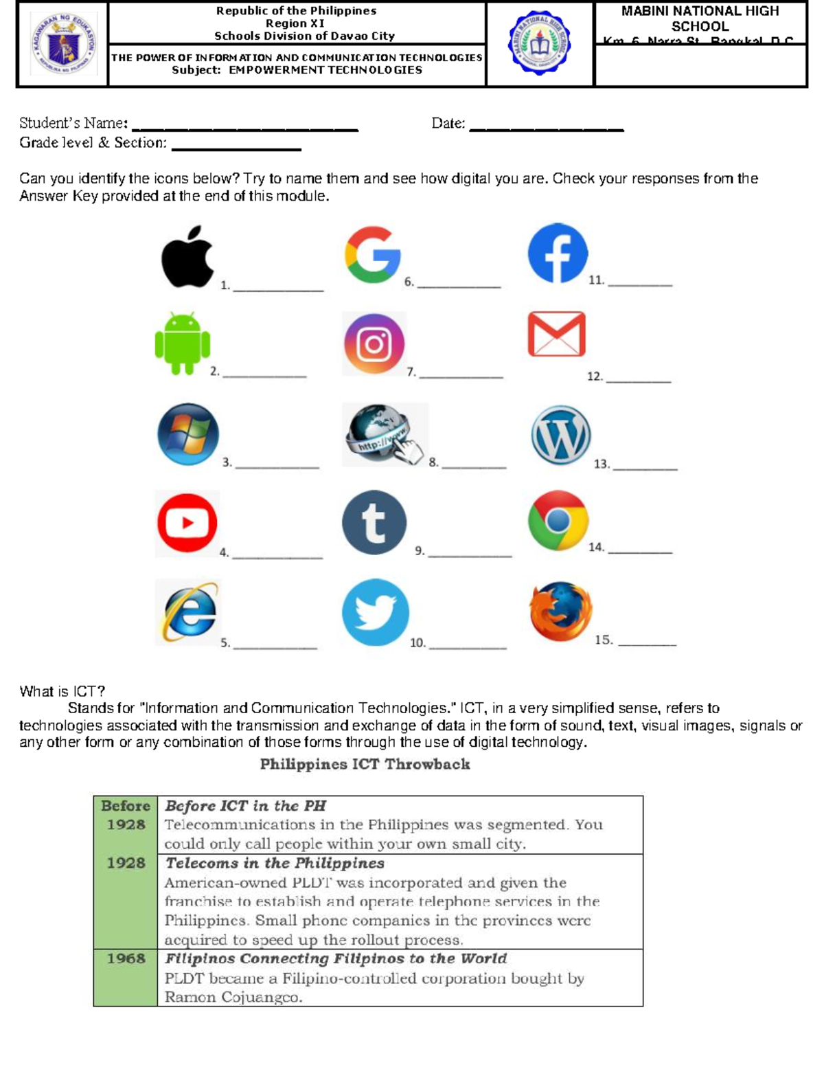 Empowerment Tech Activity Sheet: Identifying ICT Icons - Studocu