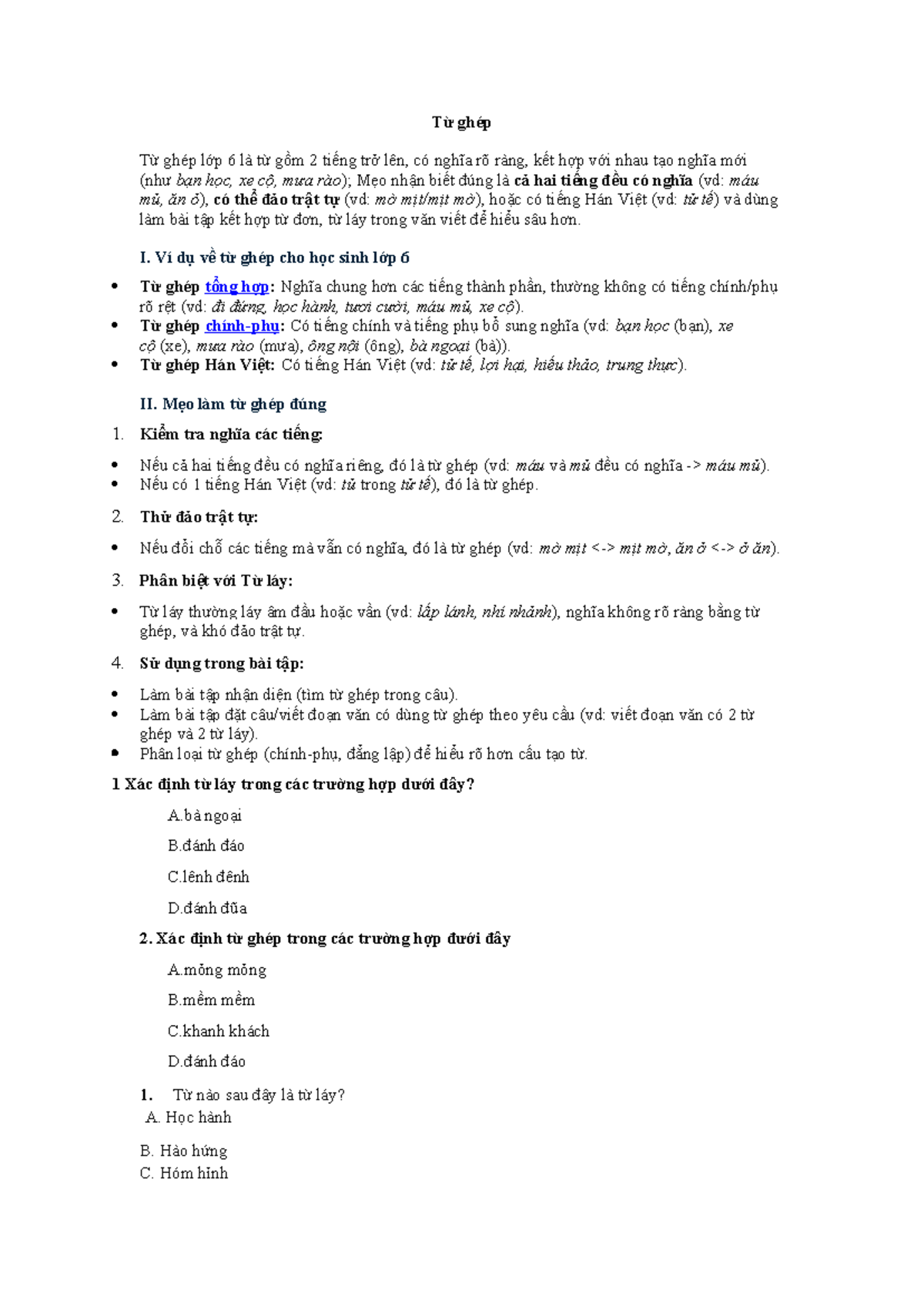 Từ Ghép Lớp 6: Cấu Tạo và Phân Biệt Từ Ghép, Từ Láy - Studocu
