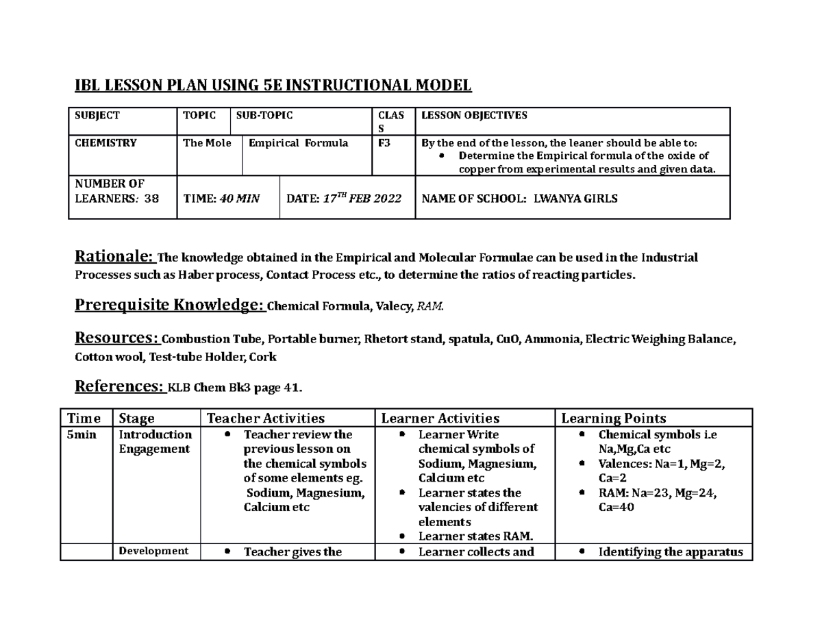 IBL Lesson Plan: 5E Model for Chemistry - Empirical Formula (F3) - Studocu