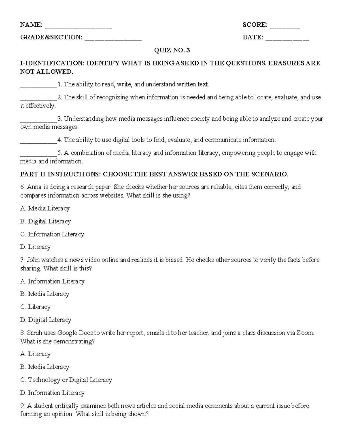 QUIZ NO. 3: Media and Information Literacy Skills Assessment - Studocu
