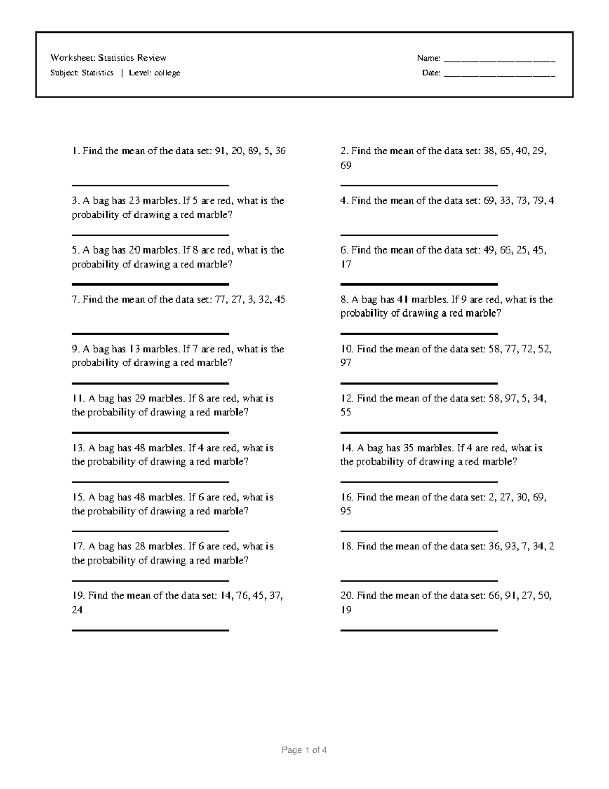 Statistics Review Worksheet: Mean & Probability Problems (Stat 101 ...