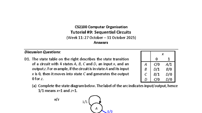 CS2100 Tutorial 09 - Sequential Circuits Answers and Discussion - Studocu