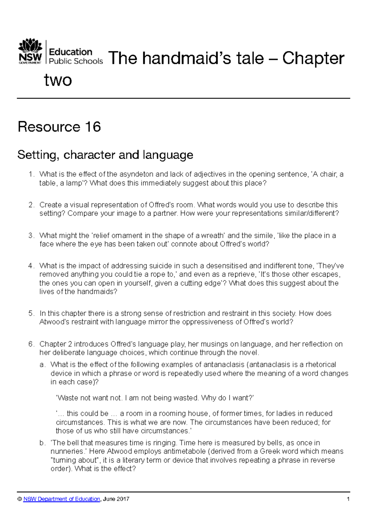 NSW Resource 16: The Handmaid's Tale Chapter Analysis on Language and ...