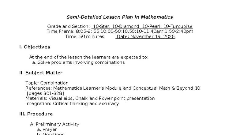 Mathematics Lesson Plan: Combinations for Grade 6 (50 min) - Studocu