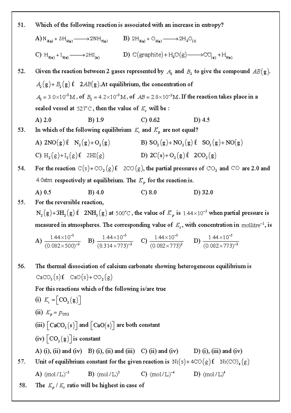Chemical Equilibrium Worksheet: Kc, Kp, and Entropy Reactions - Studocu