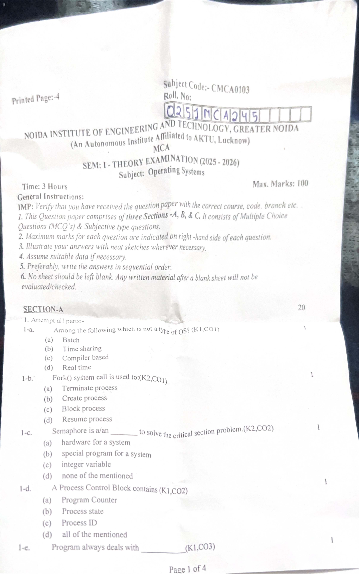 Operating Systems CMCA0103 Theory Exam Question Paper - Studocu