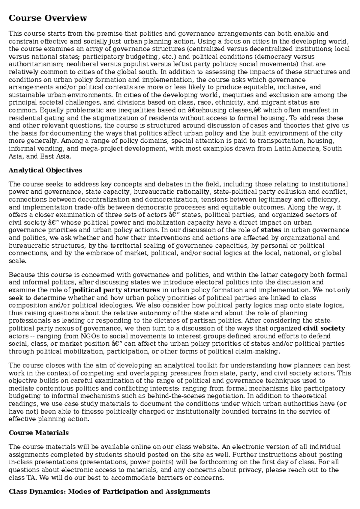 SES 5502 - Urban Governance and Politics: Course Overview and ...