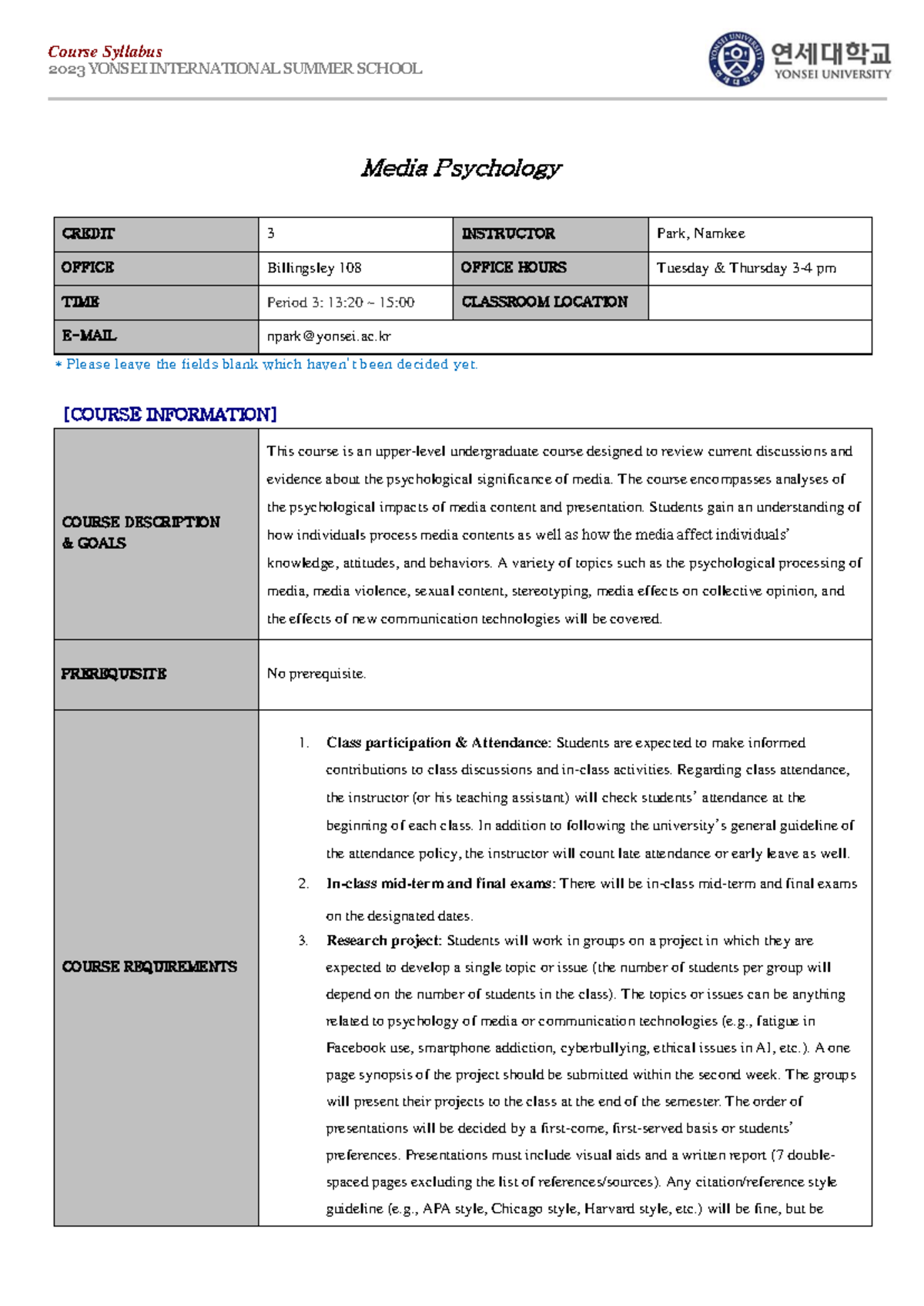 146 - Syllabus for summer school - Course Syllabus 2023 YONSEI ...