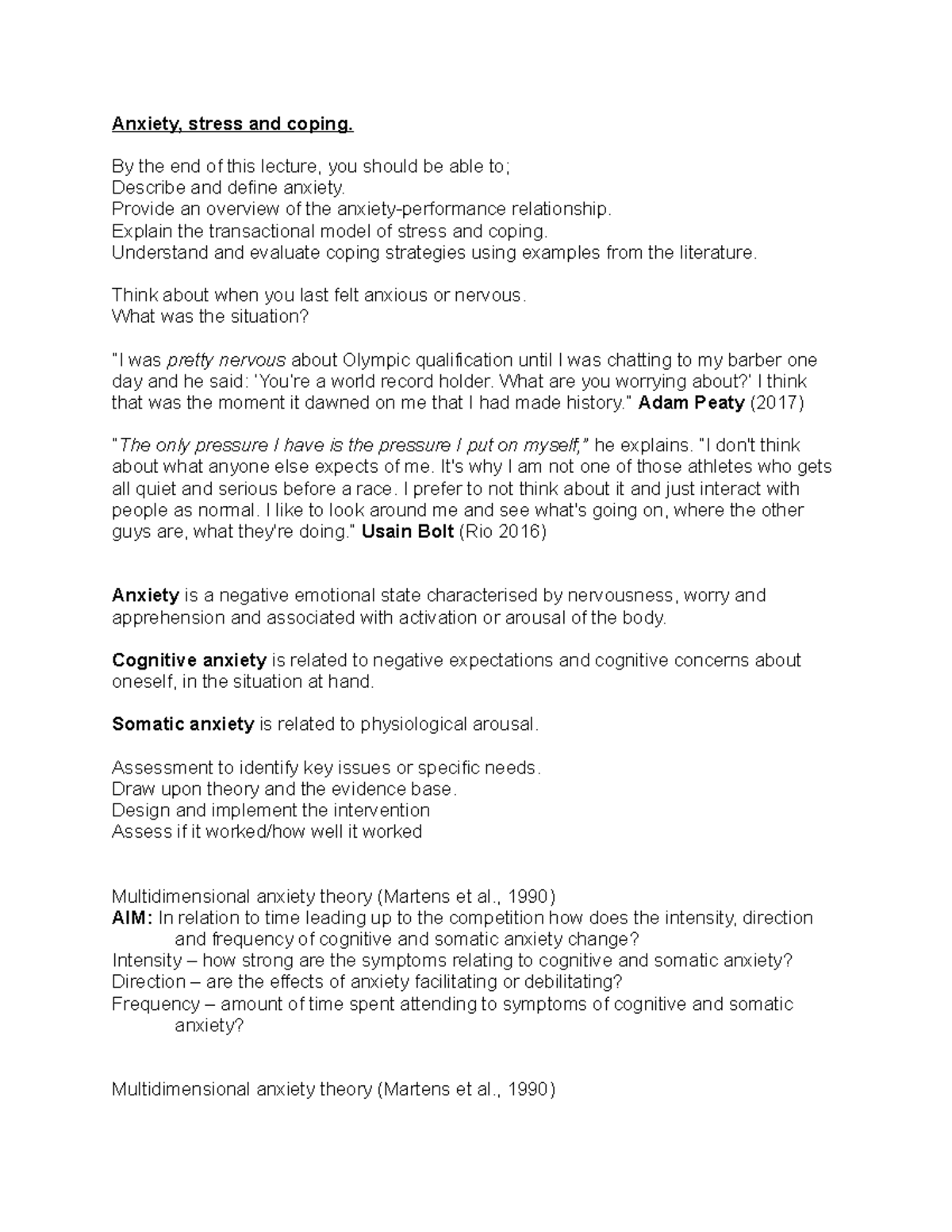 Anxiety - Lecture notes 1 - Anxiety, stress and coping. By the end of ...
