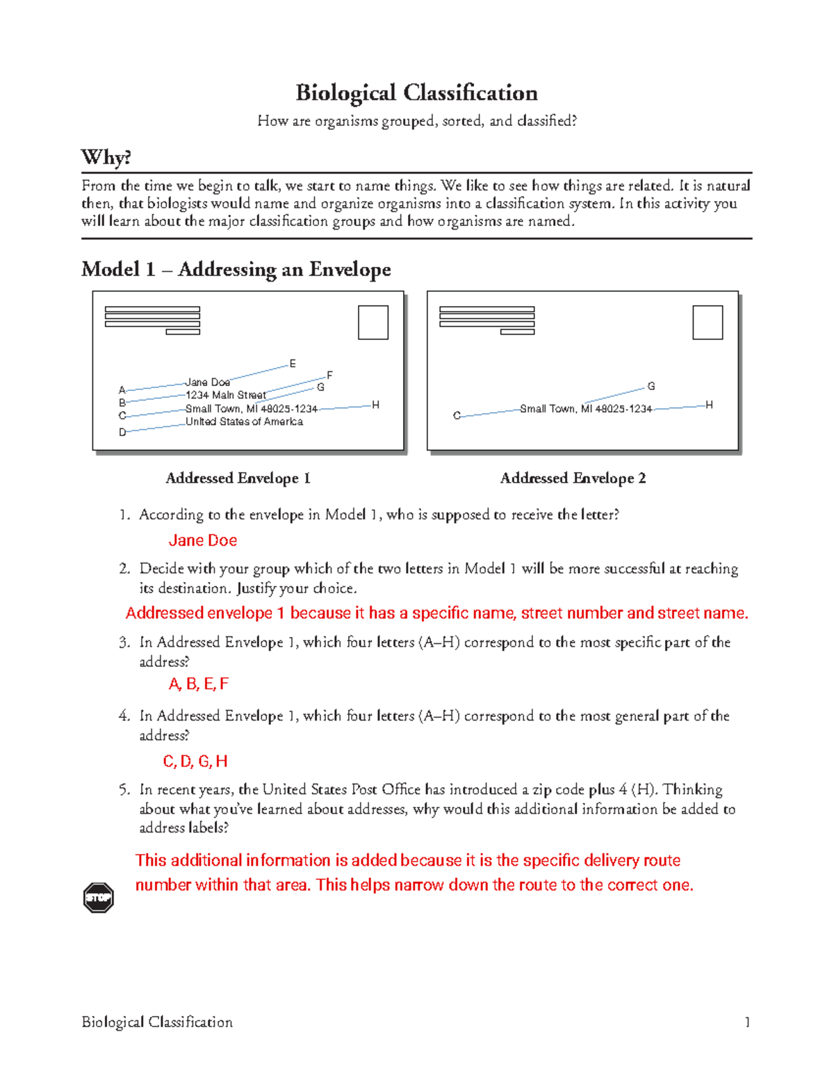 Biological Classification Worksheet (BIO101) - Activities and Models ...