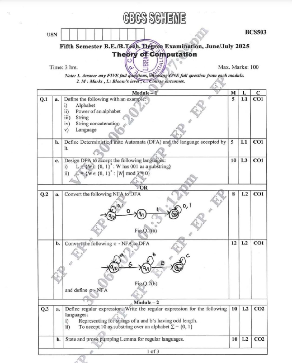 GBCS BCS503 Fifth Sem Theory of Computation Exam Paper 2025 - Studocu