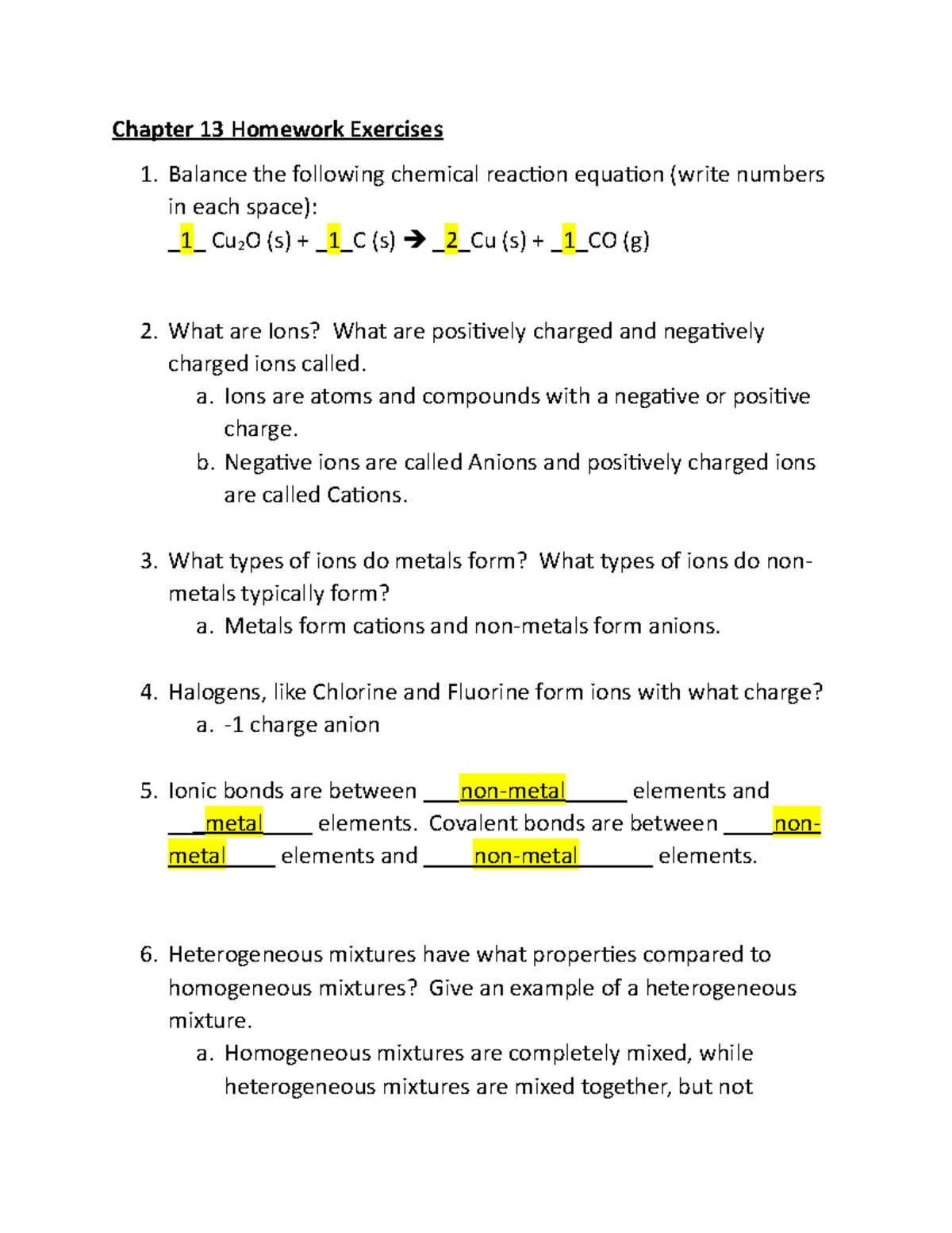 Chapter 13 Homework Exercises on Chemical Reactions & Ions - Studocu