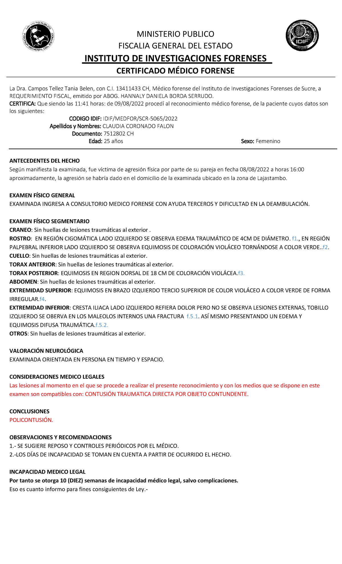 Certificado DE IDIF - La Dra. Campos Tellez Tania Belen, con C ...