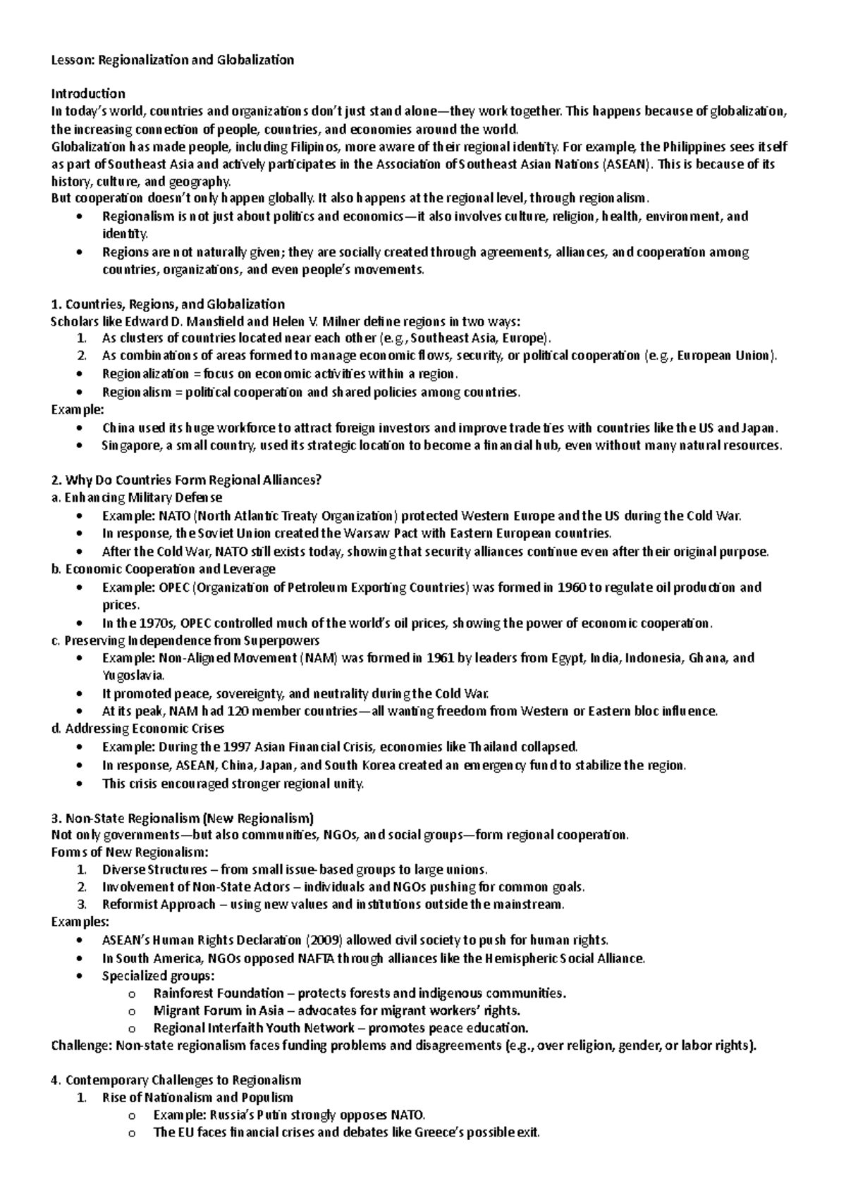 HIST-2 Prefinal: Lesson on Regionalization and Globalization - Studocu
