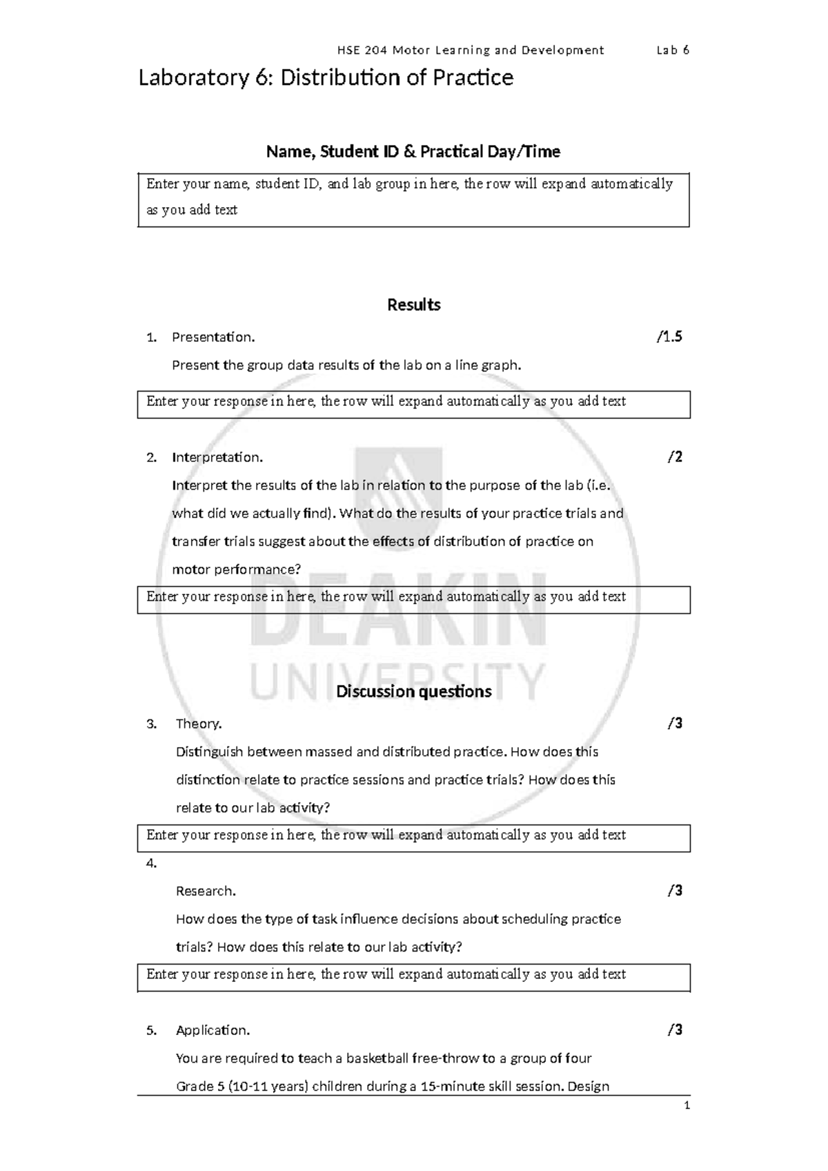 HSE 204 Motor Learning & Development Lab 6: Distribution of Practice ...