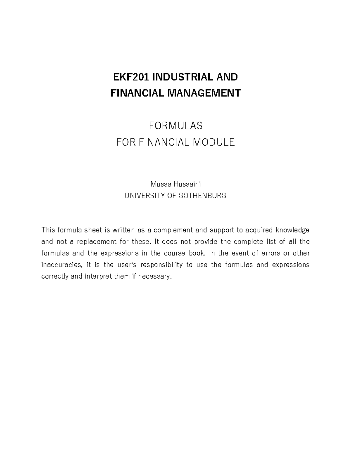 EKF201 Financial Management Formula Sheet - Key Equations and Ratios ...