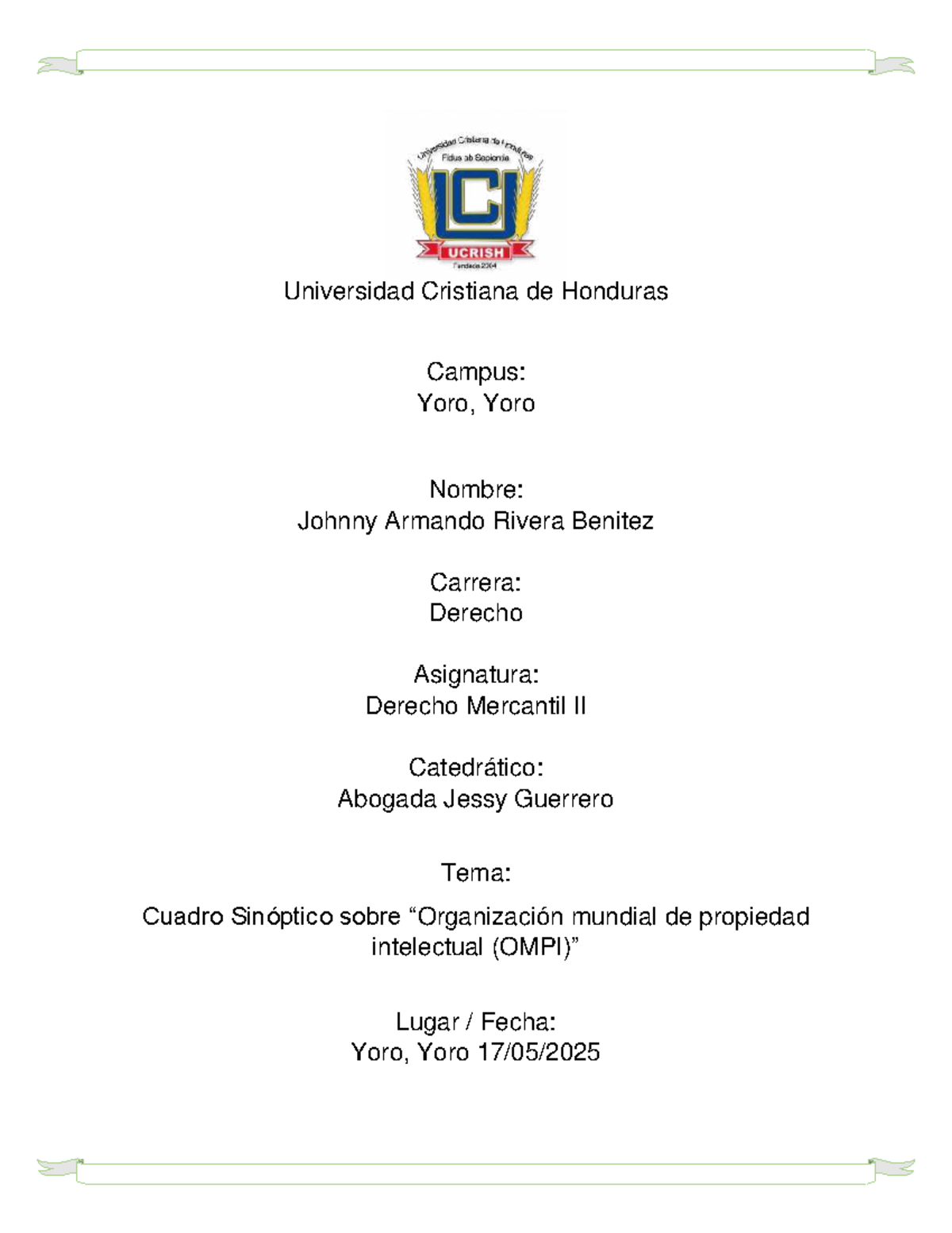 Cuadro Sinóptico sobre OMPI - Derecho Mercantil II - UCH - Studocu