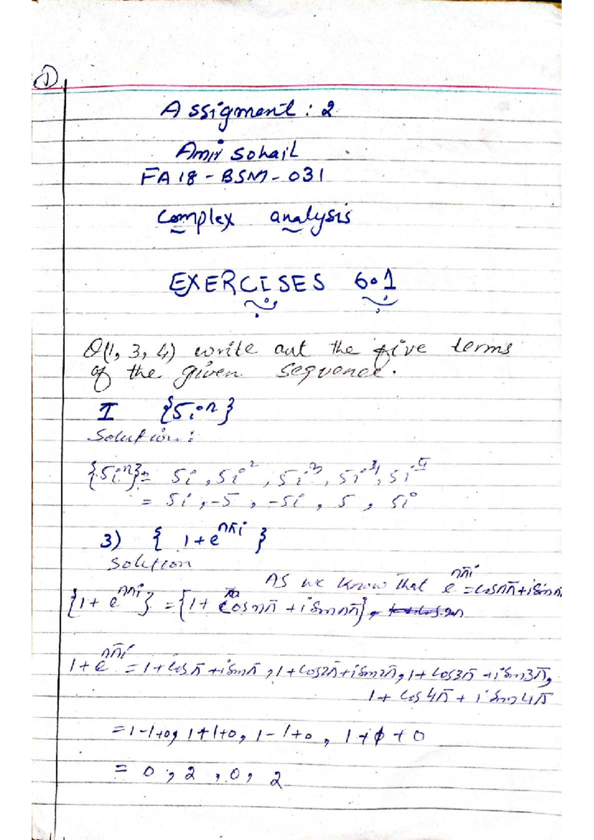 FA 18 031 Complex Analysis Exercises: Sequence Convergence and ...