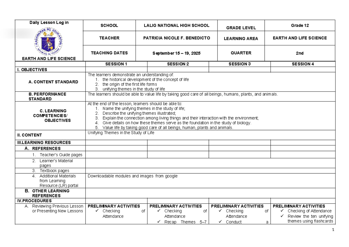 Daily Lesson Log: Unifying Themes in Earth and Life Science I (ELS DLL ...