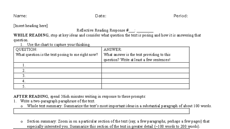 Reflective Reading Response Template 2025-26 - Studocu