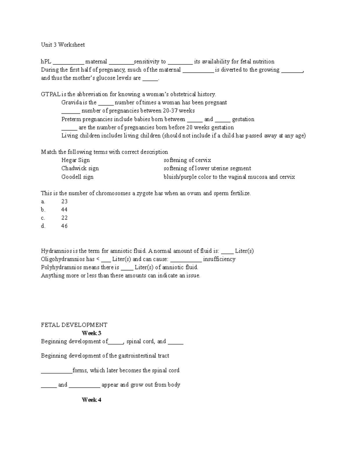 Unit 3 maternity worksheet - Unit 3 Worksheet hPL __________ maternal ...