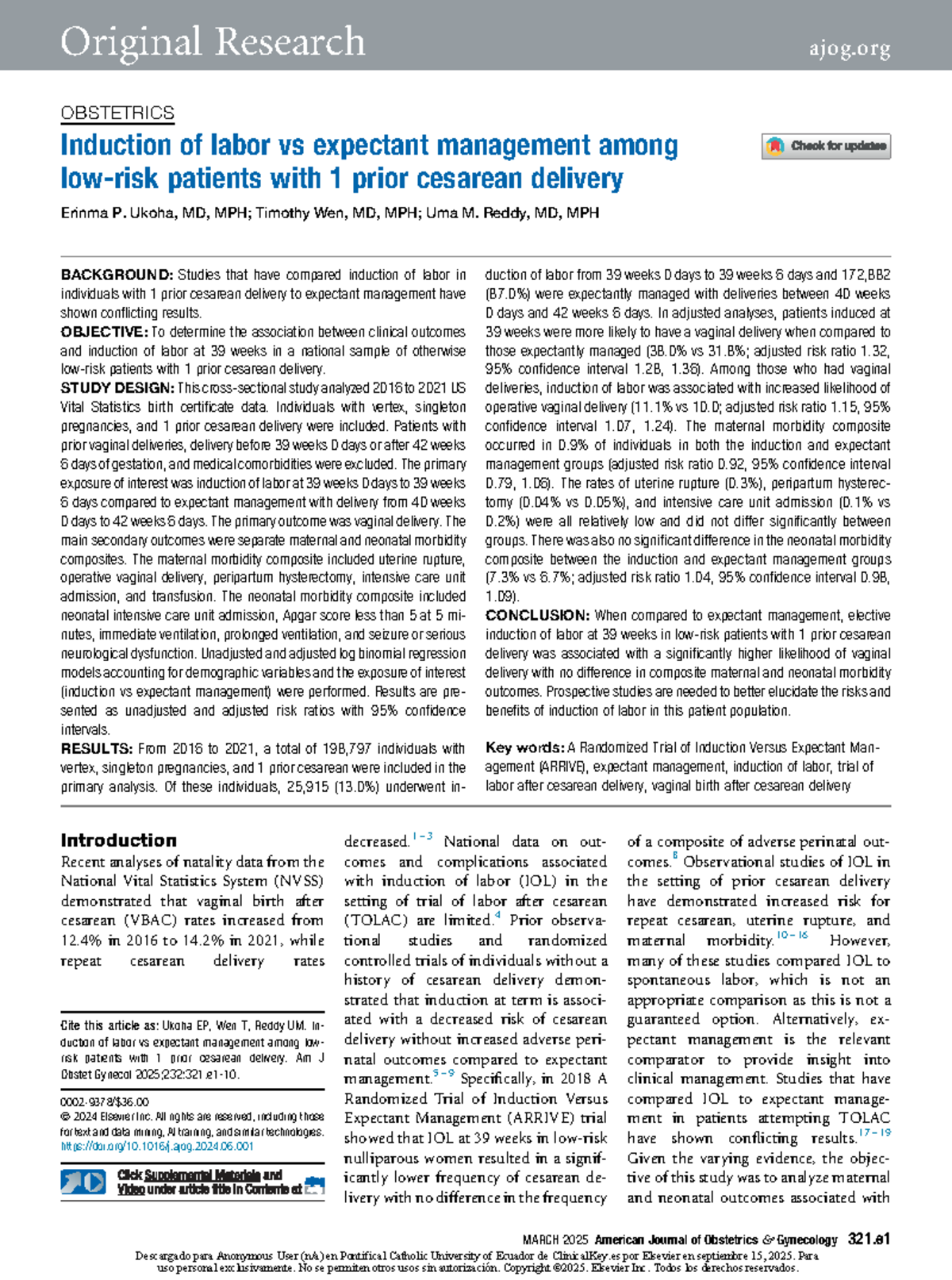 Induction of Labor vs Expectant Management in Patients with 1 Prior ...