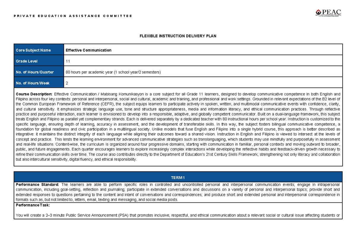 Effective Communication FIDP-3 Term 1-3 Overview and Performance Tasks ...