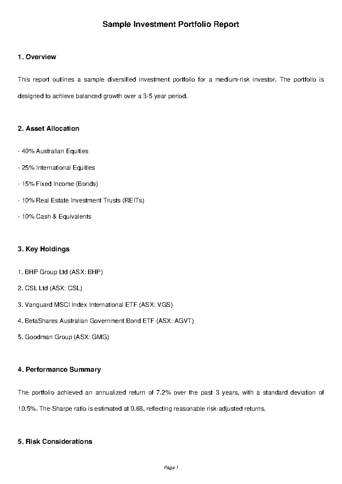 Sample Investment Portfolio Report for Medium-Risk Investor - Studocu