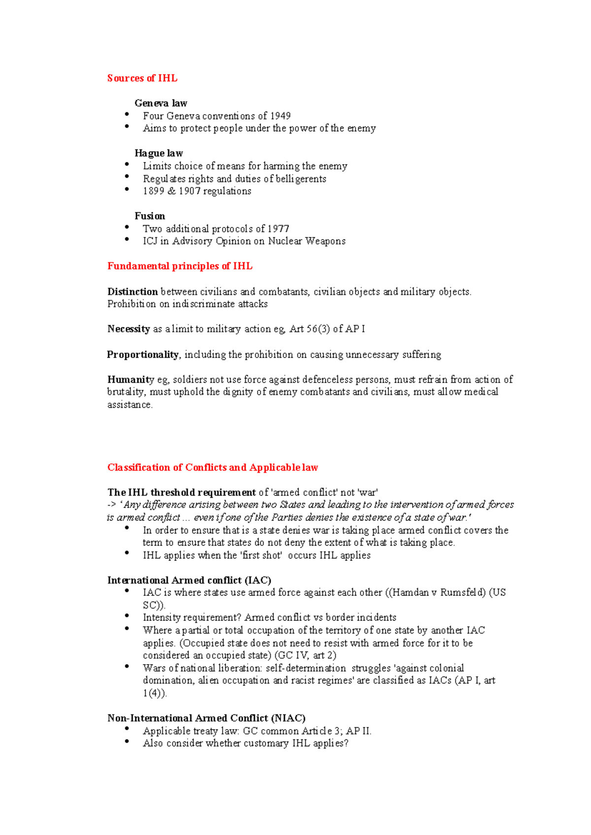 IHL Final Exam Notes: Key Principles & Classification of Conflicts ...