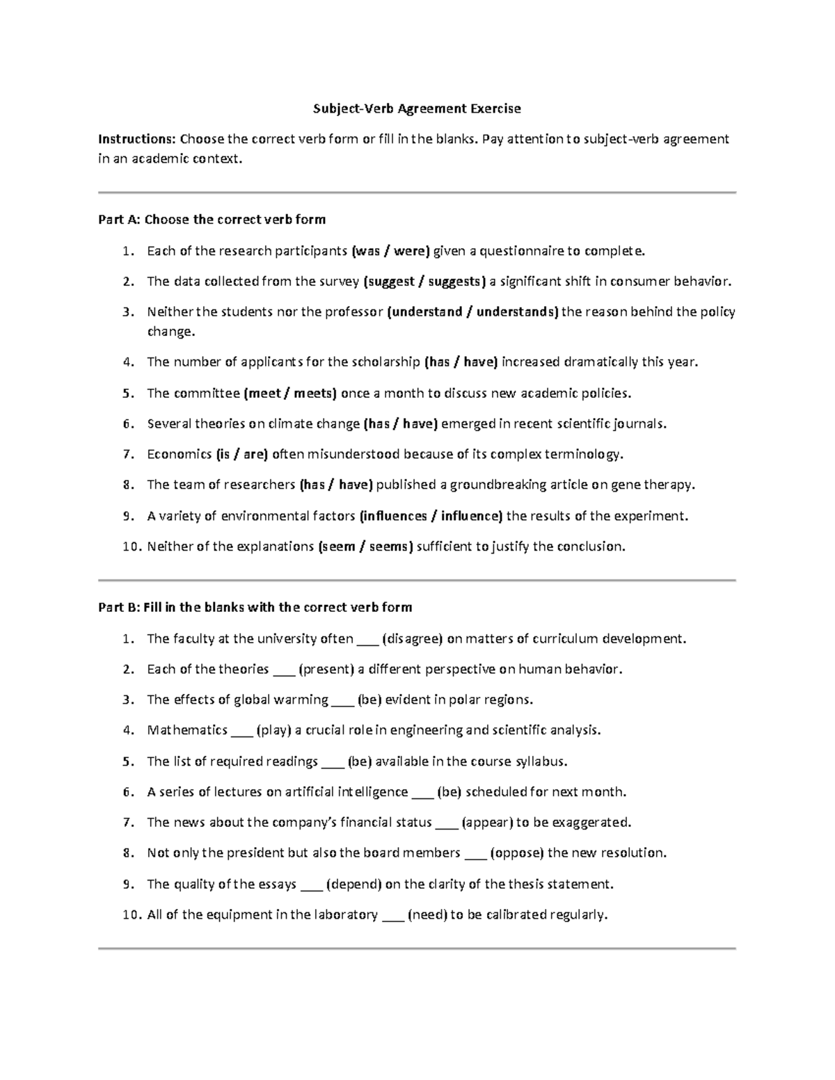 Subject-Verb Agreement Exercise Instructions - Academic - Studocu