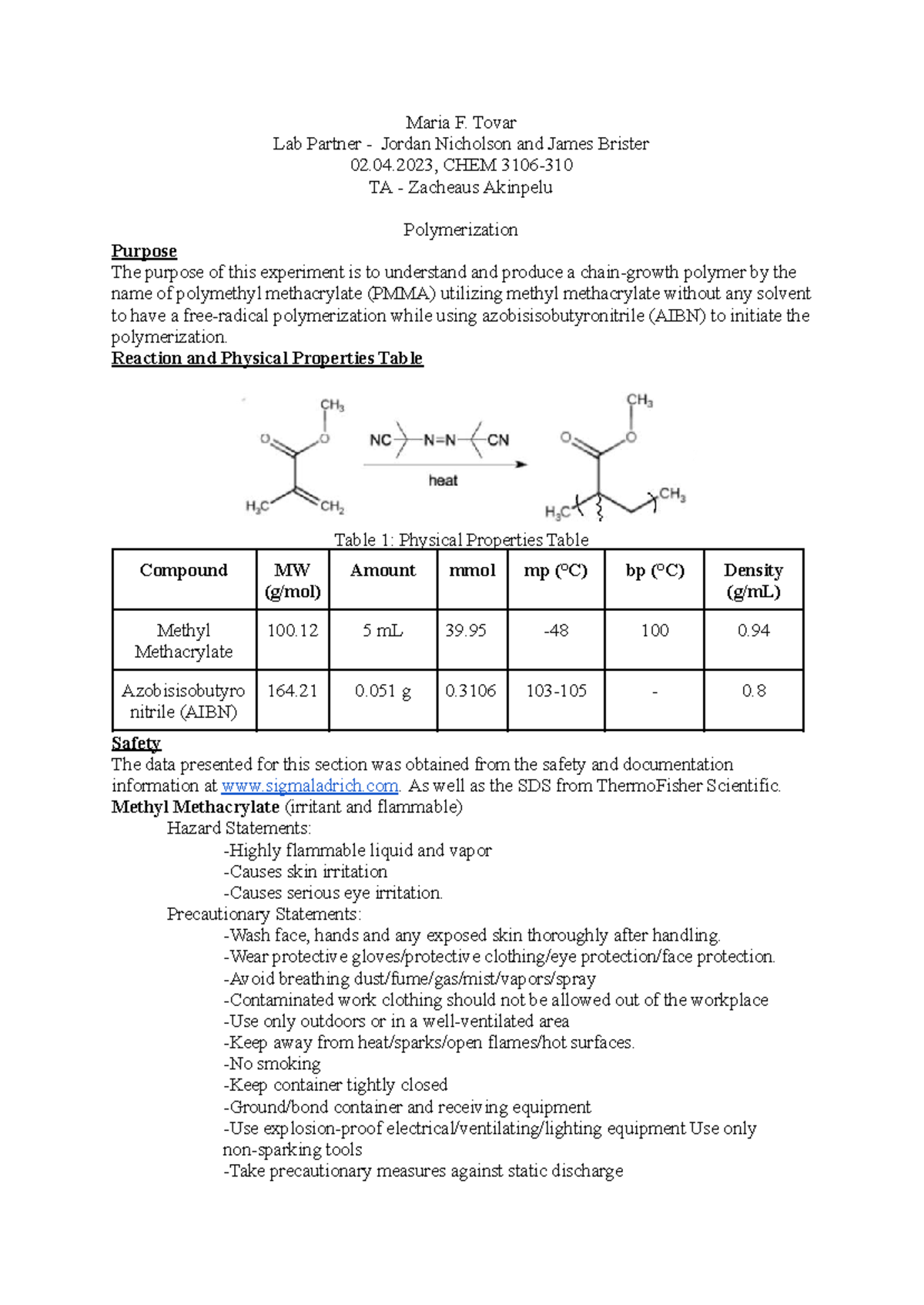 Experiment 2 Polymerization- NEW - Maria F. Tovar Lab Partner - Jordan ...