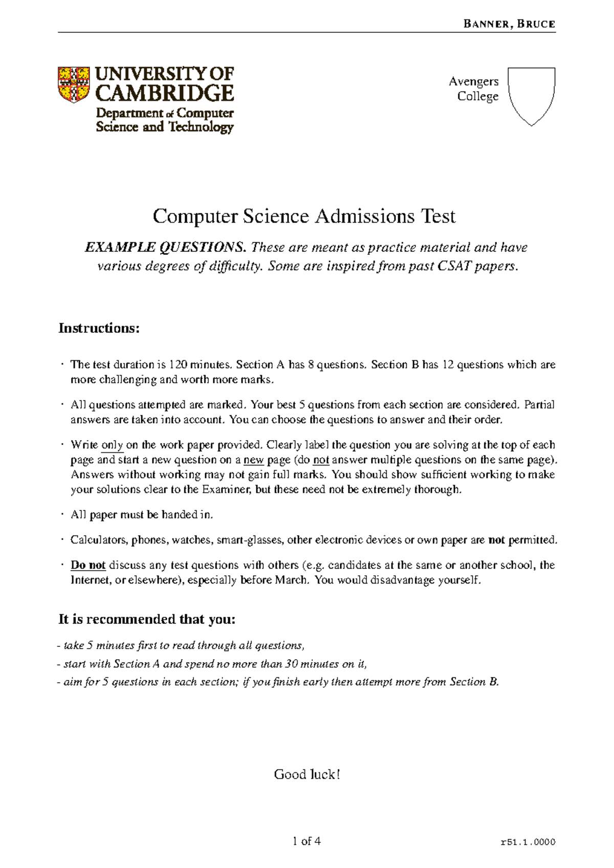 CSAT 101: Avengers College Computer Science Admissions Test Practice ...