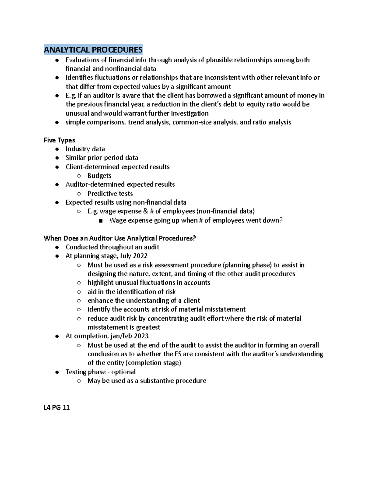 Analytical Procedures in Auditing: L4 PG 11 Overview and Types - Studocu