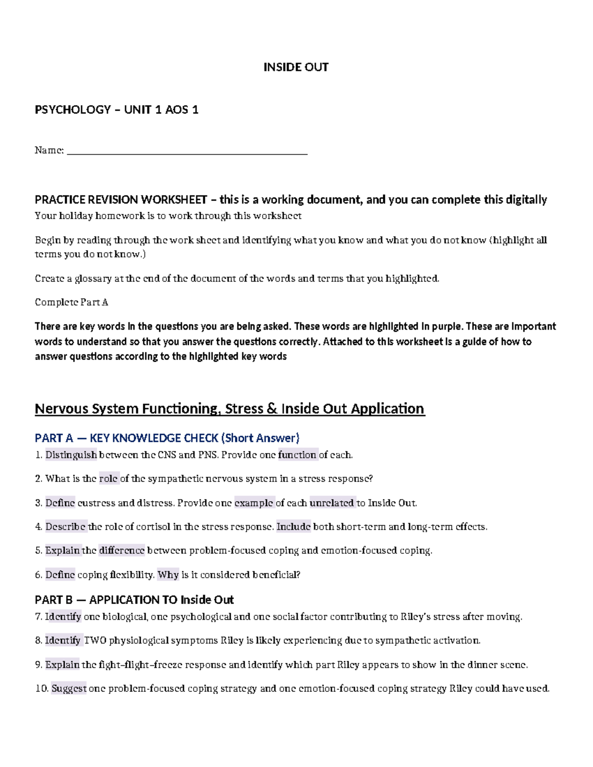 Inside Out Psychology Unit 1 AOS 1: Practice Revision Worksheet - Studocu