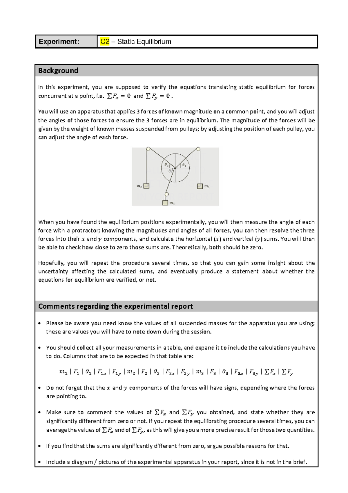 C2 Static Equilibrium Experiment Report: Force Verification - Studocu