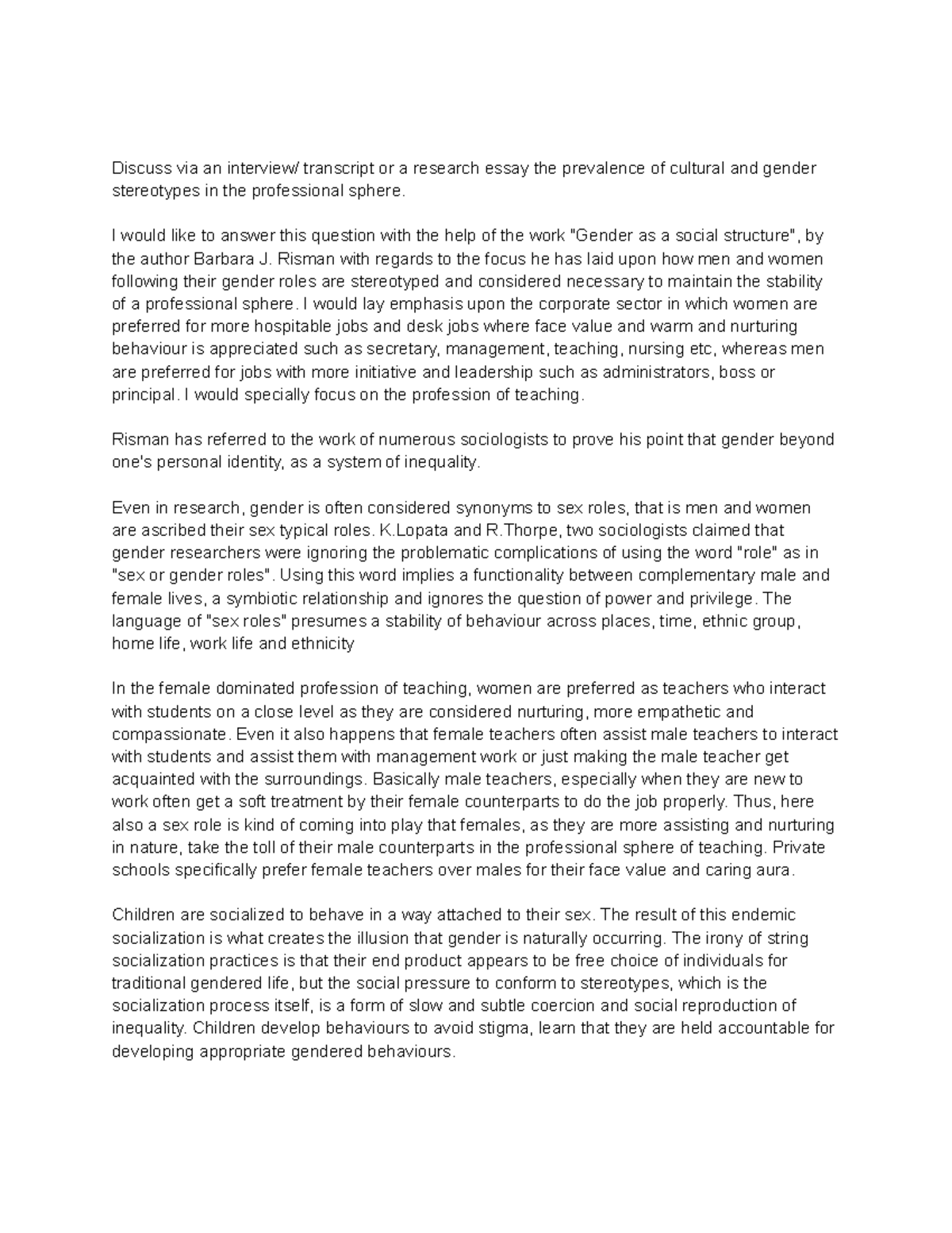 Barbara J Risman - Sociology of Gender - Discuss via an interview ...