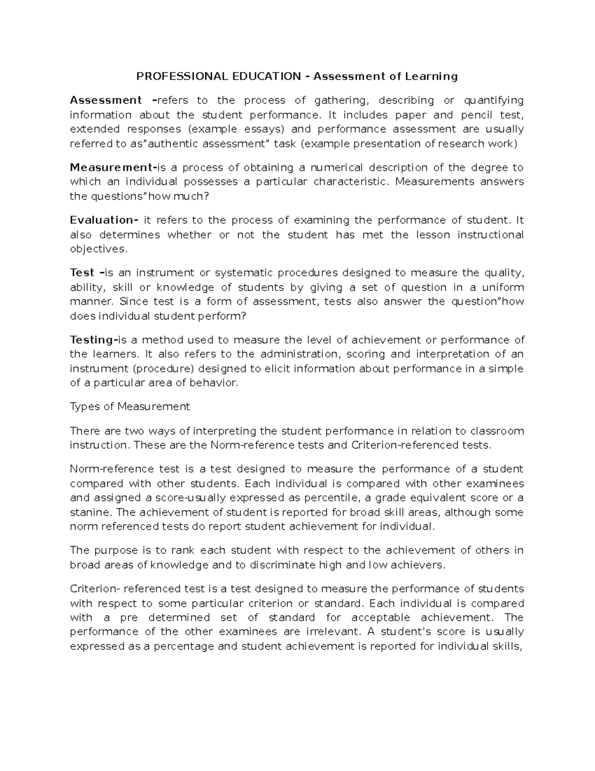 06 Professional Education - Assessment of Learning Overview - Studocu