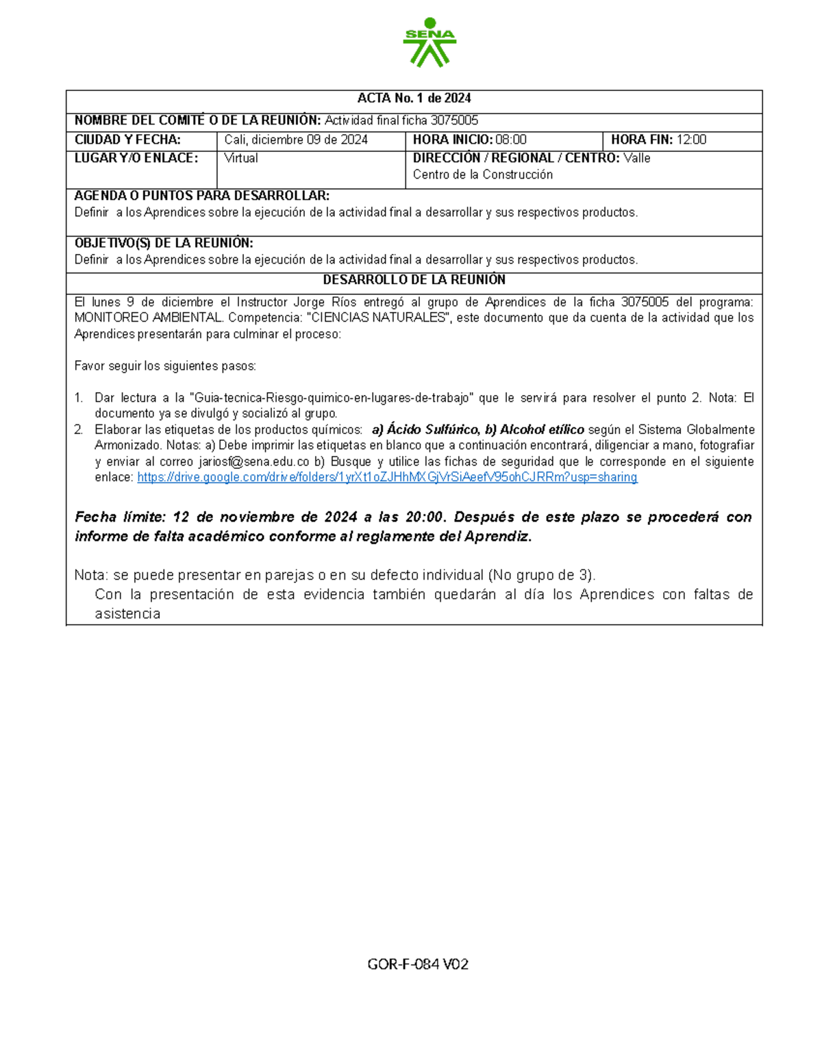 Actividad final ficha 3075005 - ACTA No. 1 de 2024 NOMBRE DEL COMITÉ O ...